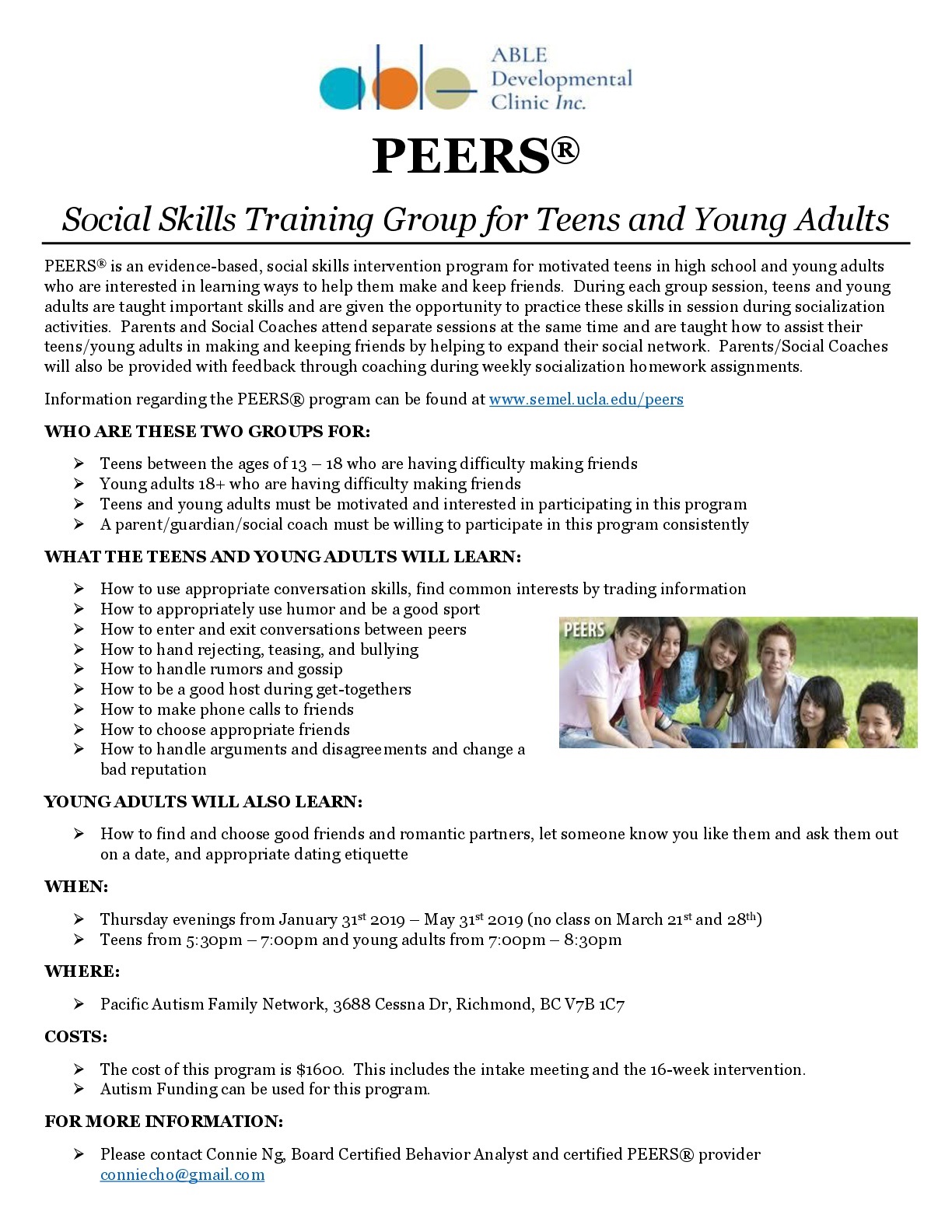 PEERS Flyer January 2019 – ABLE Developmental Clinic Inc.